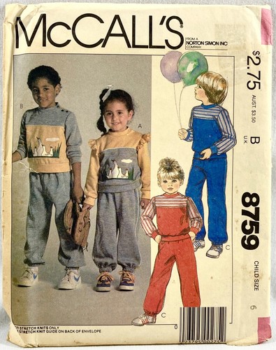 1983 McCalls Sewing Pattern 8759 Childs Unisex Knit Top & Pants Size 6 ...