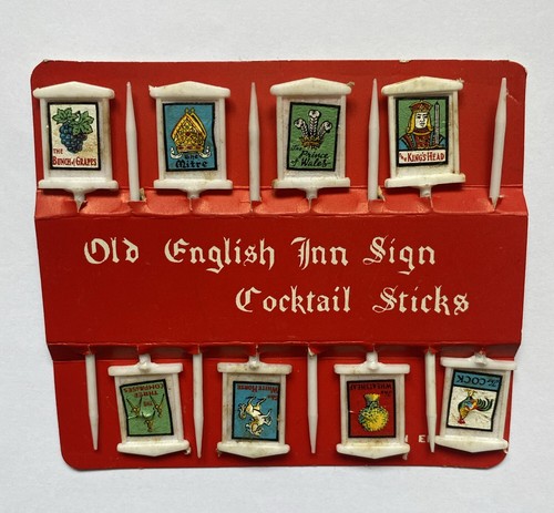 VINTAGE OLD ENGLISH INN SIGN PUB SIGNS COCKTAIL STICKS SET MOC | eBay