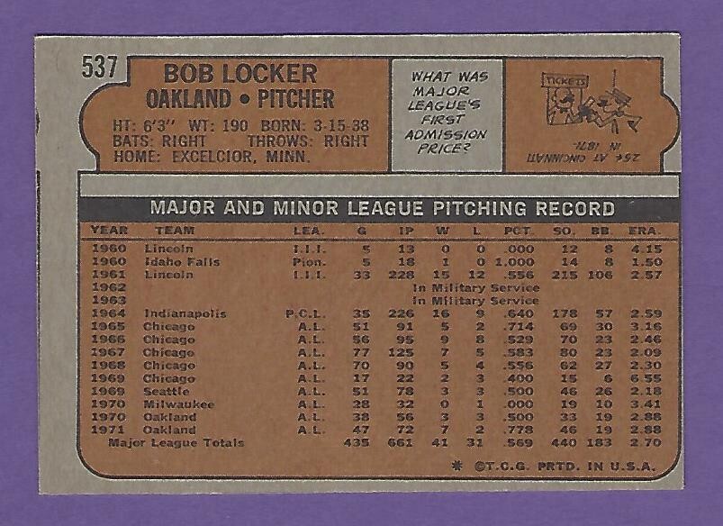 1972 Topps - #537 Bob Locker - Oakland A's - ExMt+ MC | eBay