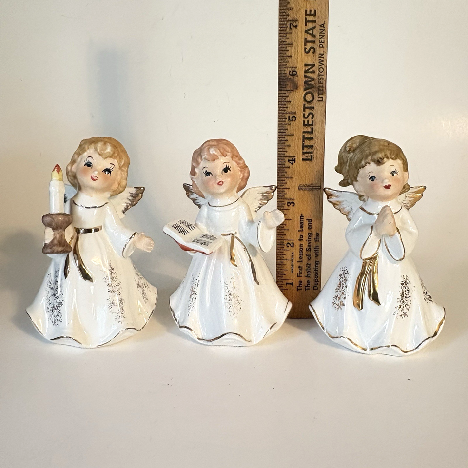 Set of 3 Vintage Homco Christmas Angels Ceramic Figurines White w/ Gold ...