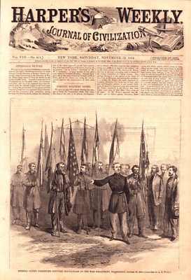 "GEN. CUSTER, WASHINGTON, CEDAR CREEK BATTLE FLAGS" Antique engraving ...