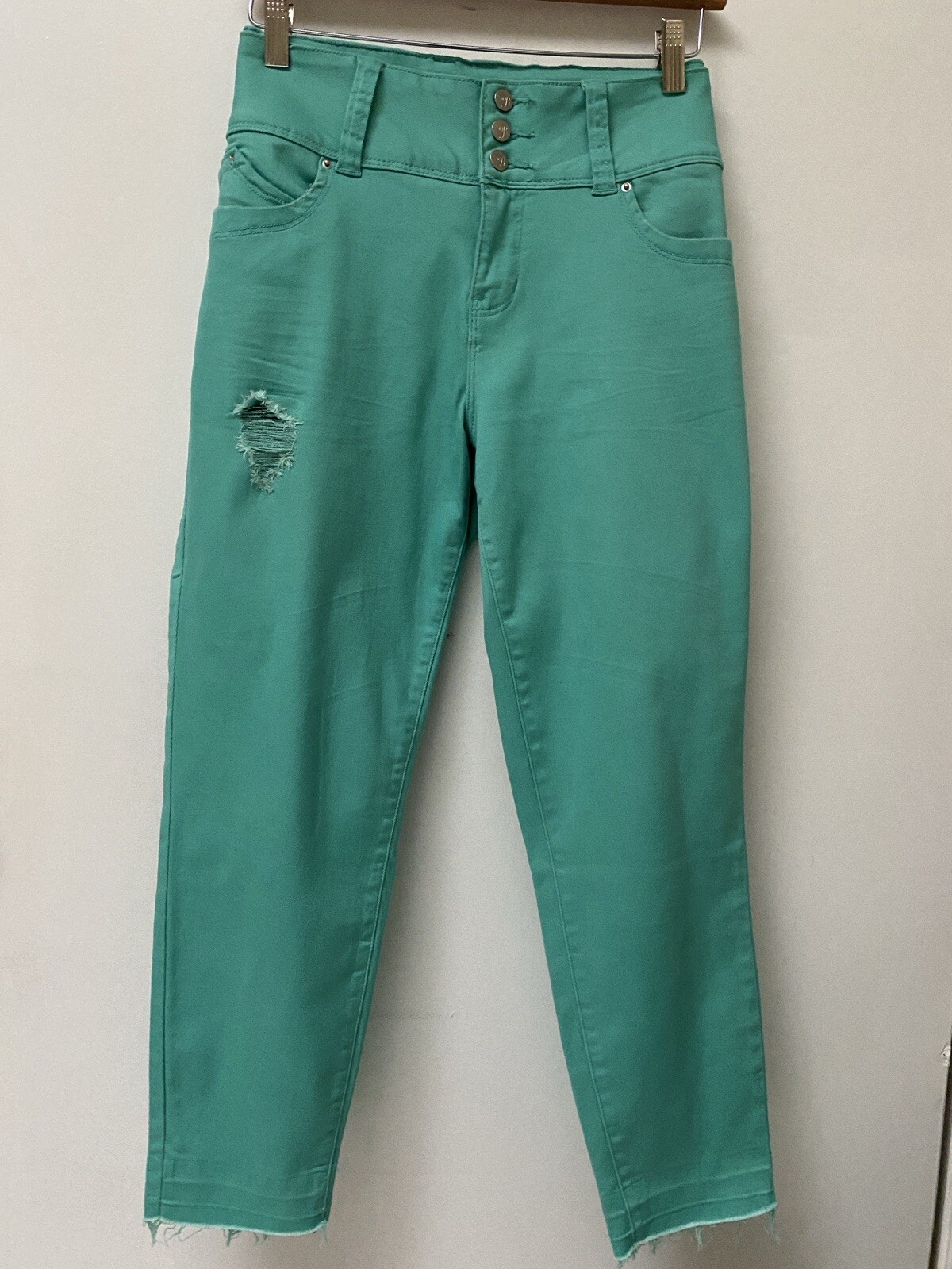 Royalty Turquoise Skinny 3 Button Jeans With Fringed Bottom Ripped Leg ...