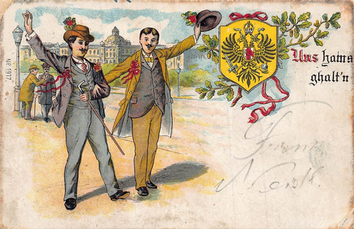 AUSTRIA HERALDRY~MEN WITH RED RIBBONS-UNS HAMS GHALT'N~1905 POSTCARD | eBay