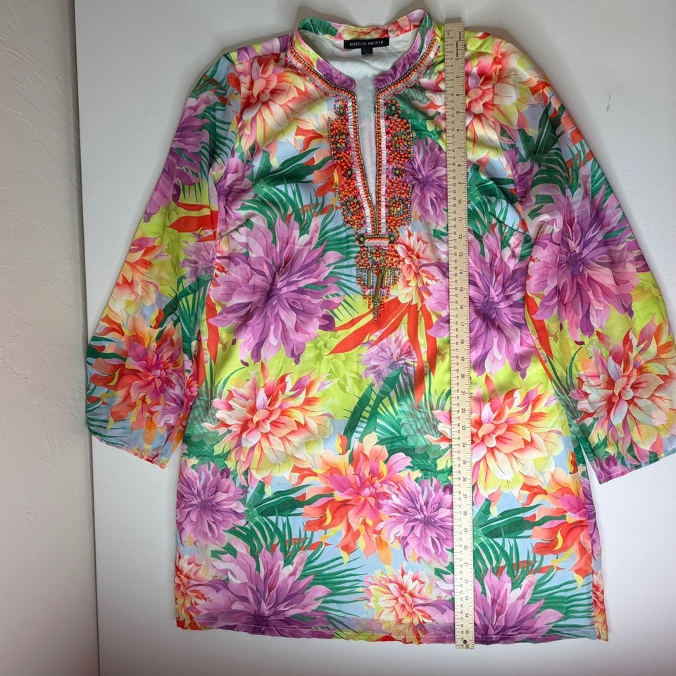 Boston Proper Beaded Floral Tunic Dress Sz XL Tropical Cover Up Resort ...
