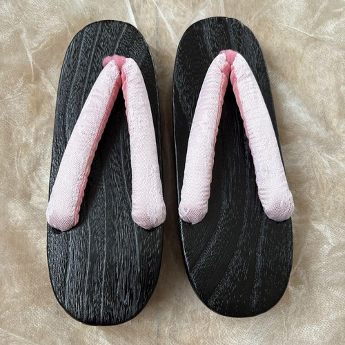 Japan Geta Sandals Women's M Size Black Wood Base Pink Fabric Thong ...
