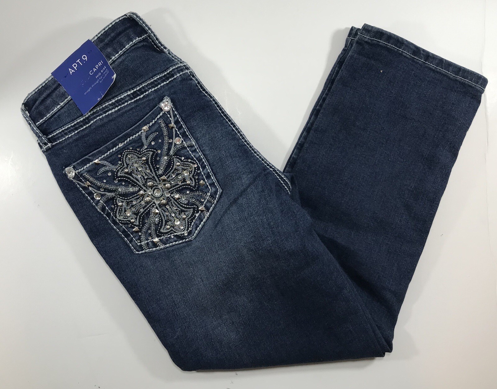 APT.9 Capri Mid Rise Embroydered Rhinestones NWT Blue Capri Jeans 4 ...