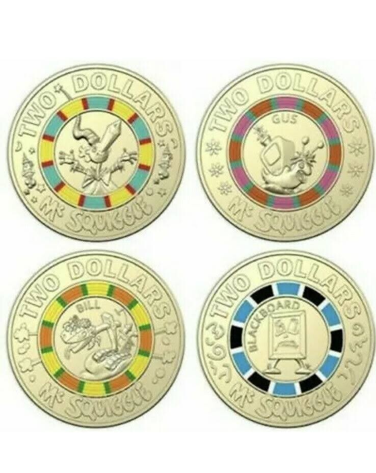 🔥🔥 2019 $2 Two Dollar Coin Mr Squiggle Set of 4 x $2 Coloured Coins ...