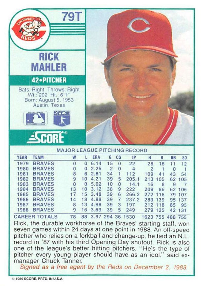 Rick Mahler 1989 Score Rookie/Traded #79T Reds ID:19217 | eBay
