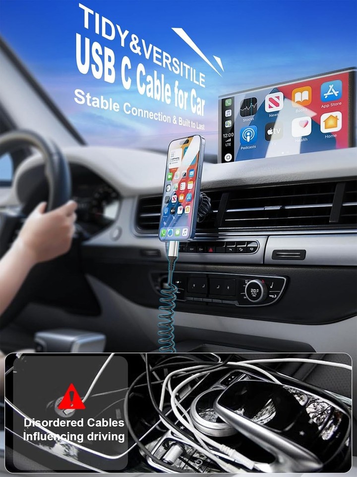 USB A to USB C Cable Coiled 3FT, 2 Pack USB to USBC Carplay Cable, USB ...