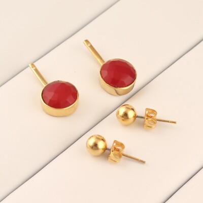 Round Faceted Red Quartz Gold Plated Handmade Push Back Stud Earrings ...