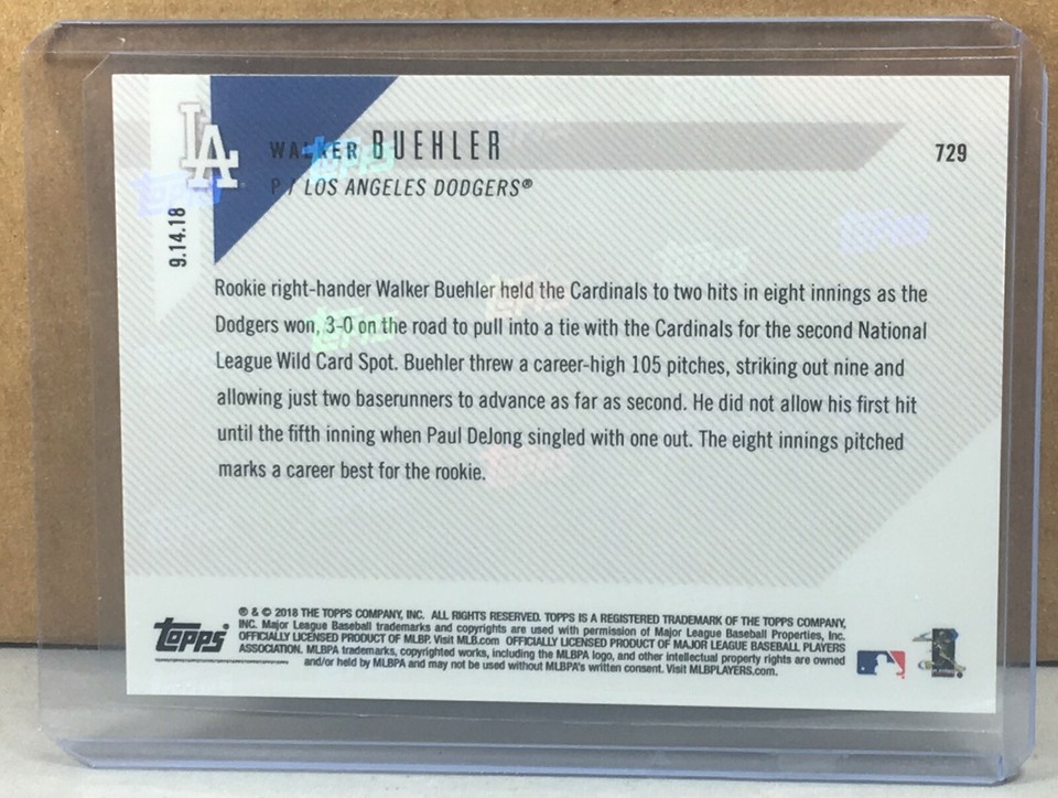 2018 TOPPS NOW #729 WALKER BUEHLER DODGERS RC 8 SO INNINGS 9 KS Print ...