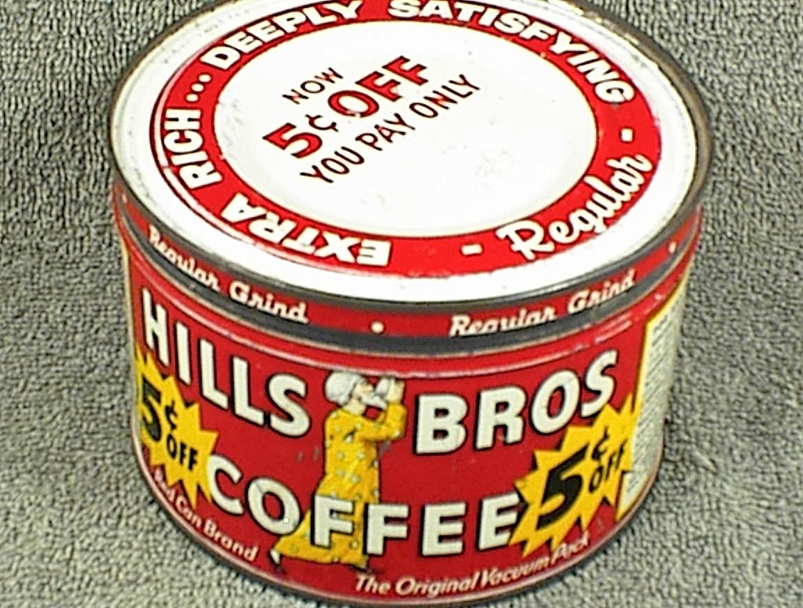 VINTAGE HILLS BROS BROTHERS REGULAR GRIND COFFEE CAN TIN 1 LB. 5 CENTS ...