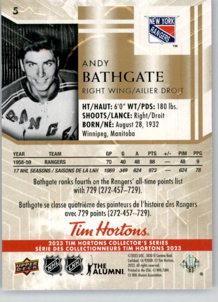 2023 Upper Deck Tim Hortons Legends #5 Andy Bathgate New York Rangers ...