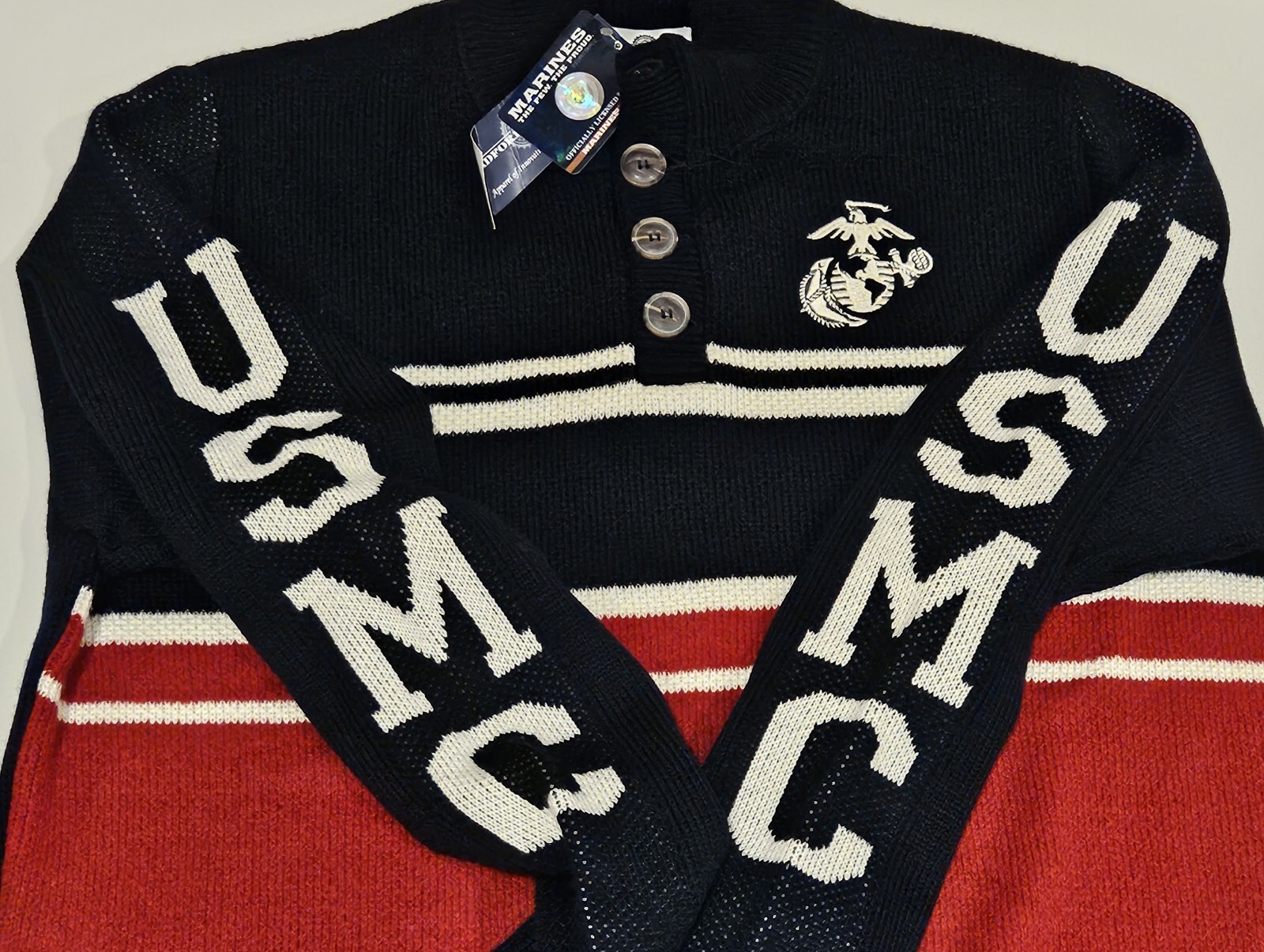 Bradford Exchange USMC USA Henley Knit Sweater Marine Corps Blue Red ...
