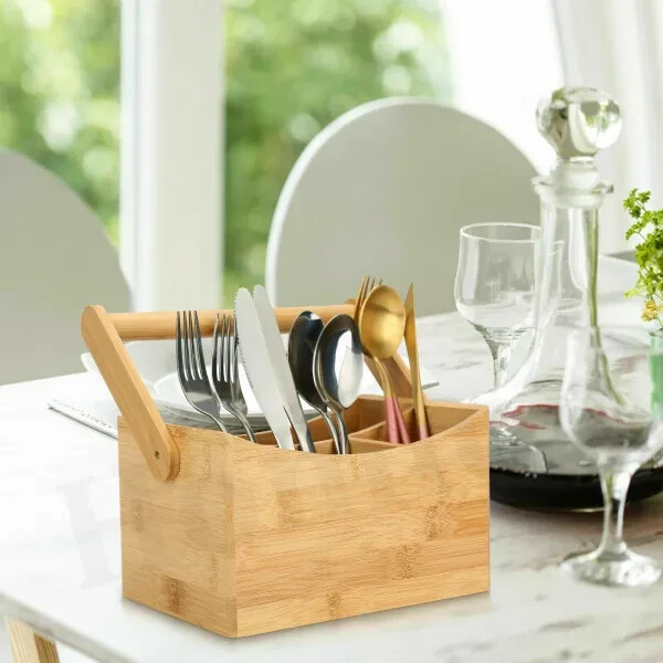 4 Compartment Bamboo Cutlery Caddy Utensil Rack Condiments Holder ...