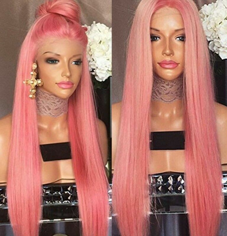 Pink Synthetic Hair Wigs Natural Pink Long Straight Hair Heat Resistant ...