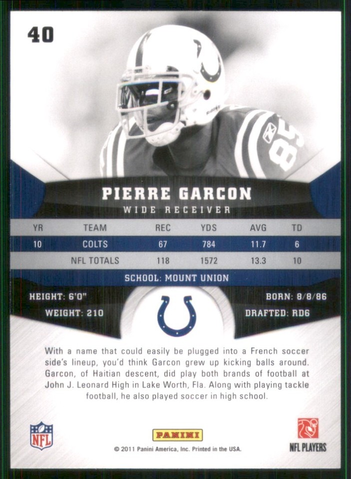 2011 Panini Gridiron Gear #40 Pierre Garcon Indianapolis Colts 35936 | eBay