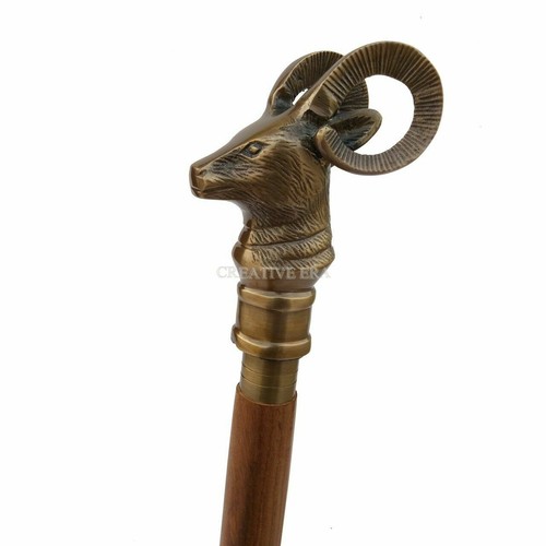 Antique Solid Brass Wooden Walking Cane Mountain Goat Head Handle Stick ...