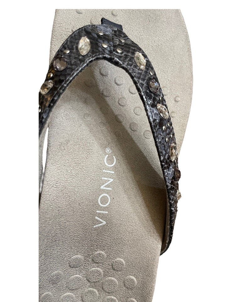 Vionic Lucia Snake Print Silver Thong Toe Post Embellished Sandals Size 9 Wide | eBay