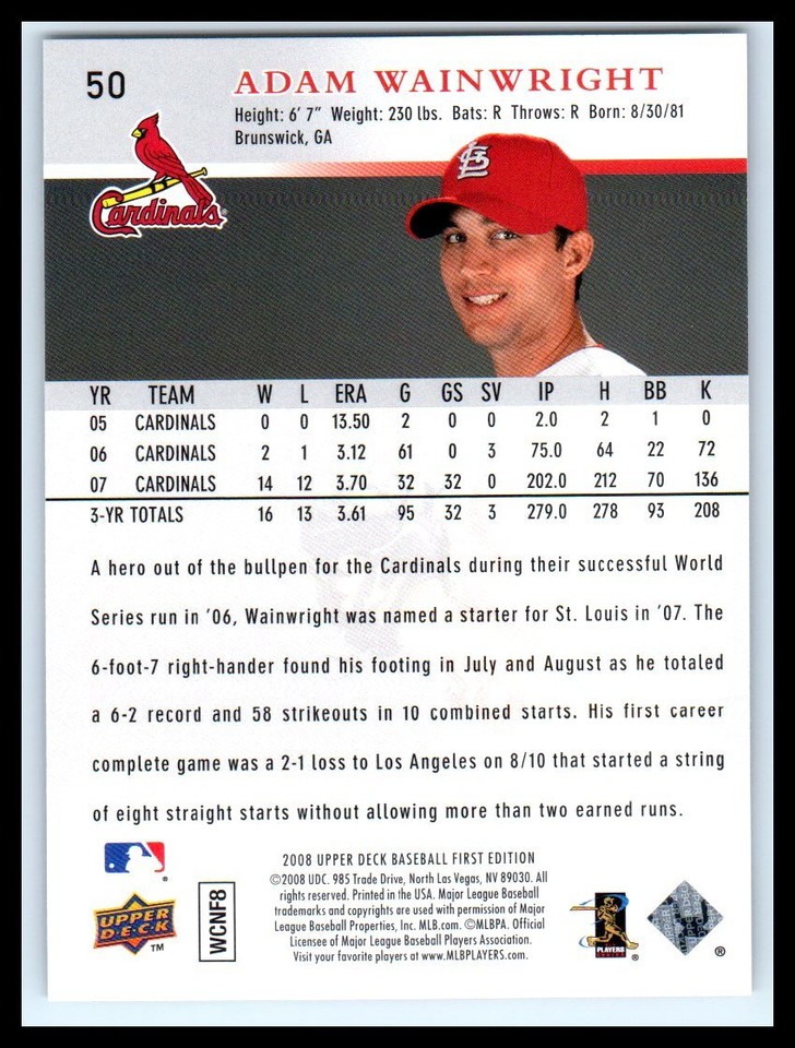 2008 Upper Deck First Edition #50 Adam Wainwright Excellent Baseball ...