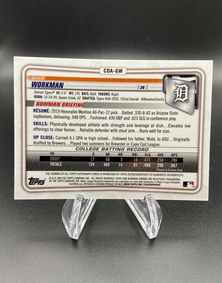 2020 Bowman Draft Chrome GAGE WORKMAN 1st Rookie PURPLE REFRACTOR AUTO ...