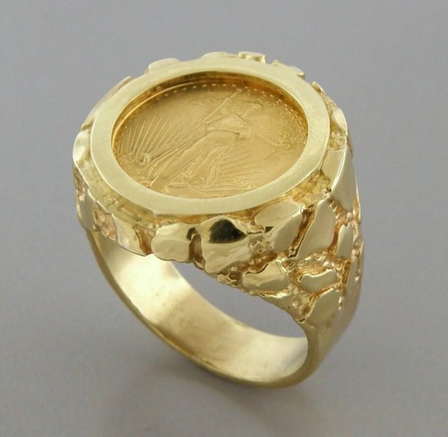 Men's 20"mm Coin American Eagle Nugget Unisex Band Ring 14K Yellow Gold ...