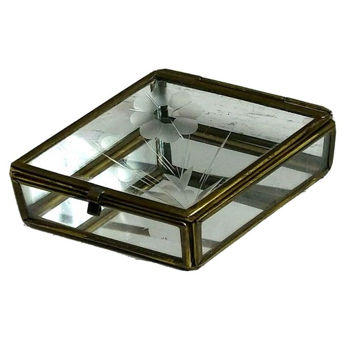 Vintage Etched Glass Diamond Shape Jewelry Box With Mirror 4.25" x 2.5 ...