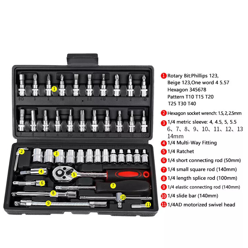 46Pcs Socket Set Car Repair Tool Ratchet Torque Wrench Kit 1/4" Drive ...
