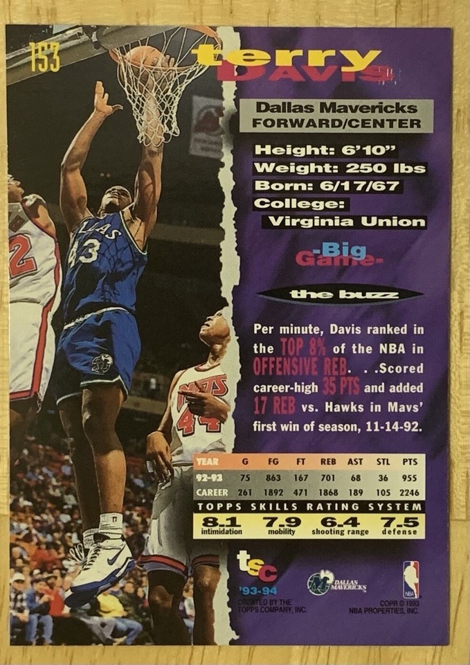 1993-94 Topps Stadium Club 1st Day Issue Terry Davis #153 Dallas ...