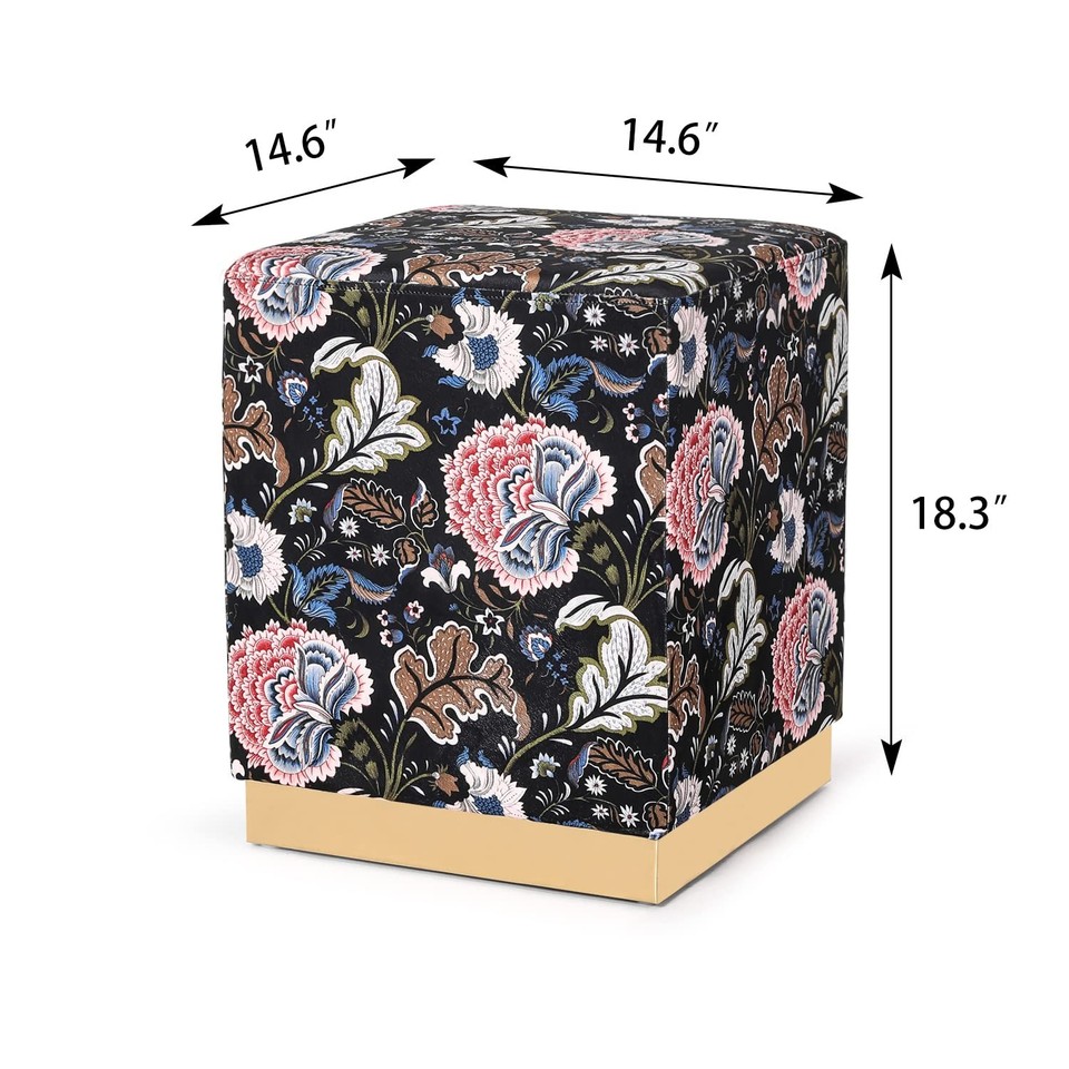 14.6" Width Square Black Flower Ottoman Foot Stool with Gold Trim ...