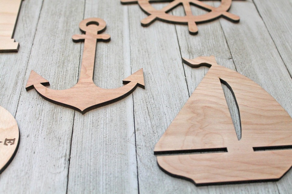 5 Nautical Unfinished Wood Cutout Shapes Crafts Sail Boat Anchor Ship ...