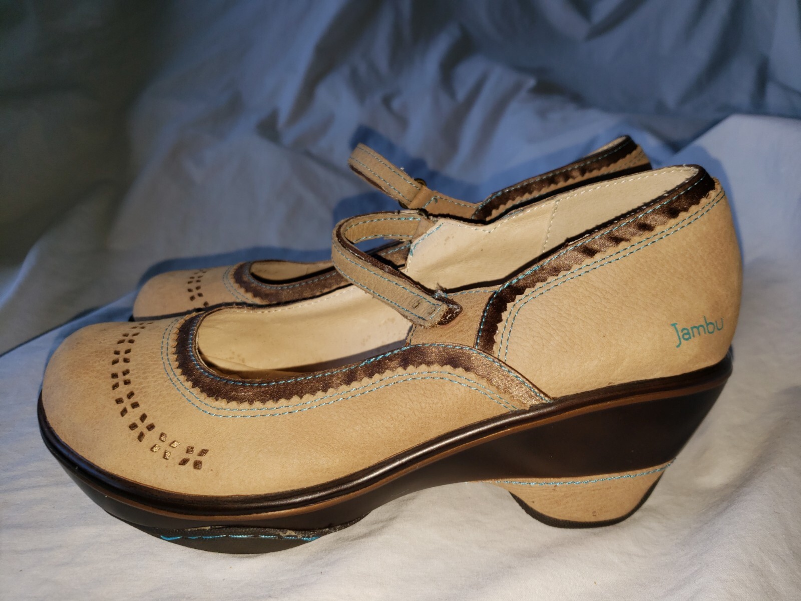 JAMBU LIMA BROWN LEATHER BLUE PLATFORM WEDGE HEEL SAN… - Gem