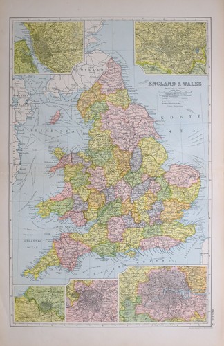 1923 MAP ENGLAND & WALES YORK DURHAM ESSEX MANCHESTER LONDON BIRMINGHAM ...