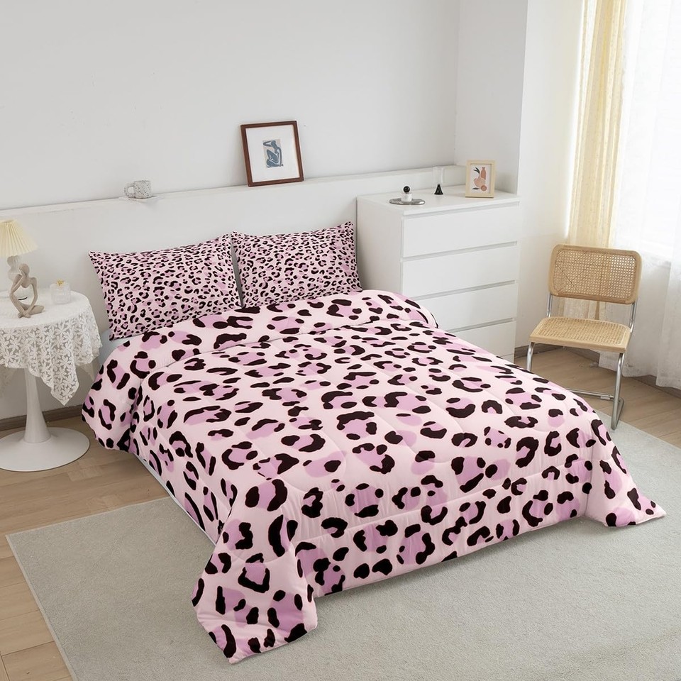 Pink Leopard Print Comforter Set Full Size Kids Cheetah Bedding Set for ...