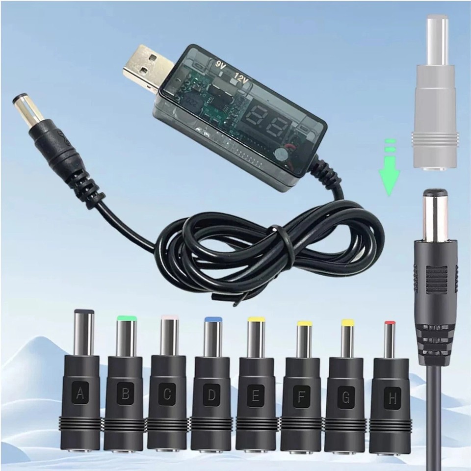 USB to DC 9V/12V Step-Up Converter with 8 Plugs for Router Power Bank ...