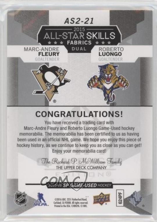 2015 SP Game-Used All-Star Skills Fabrics Duals Marc-Andre Fleury ...