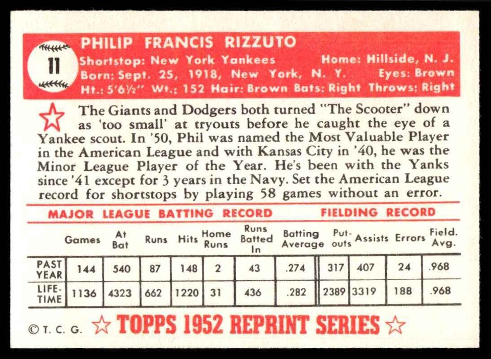 1983 Topps 1952 Reprint Series Phil Rizzuto New York Yankees #11 | eBay