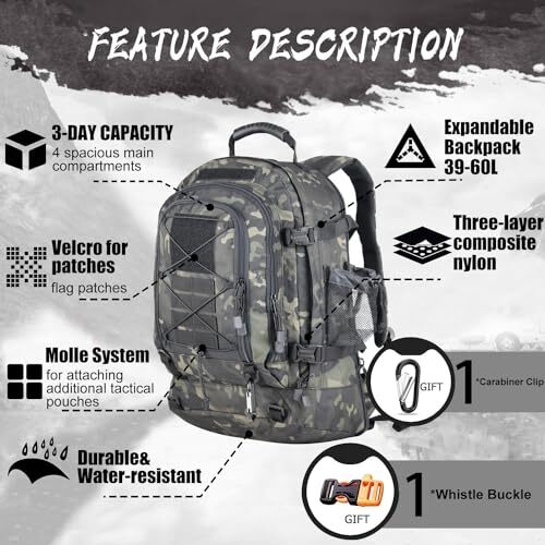 Large Military Bug Out Bag 3 Day Pack Expandable Backpack Army Black ...