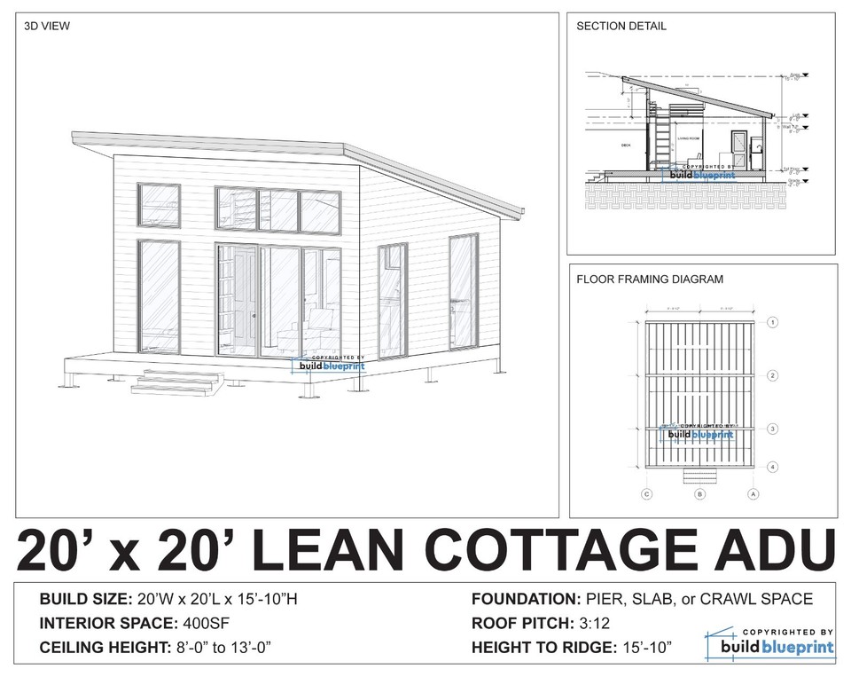 20x20 Lean Modern Cottage Custom Architectural Plans 400SF - PDF ...