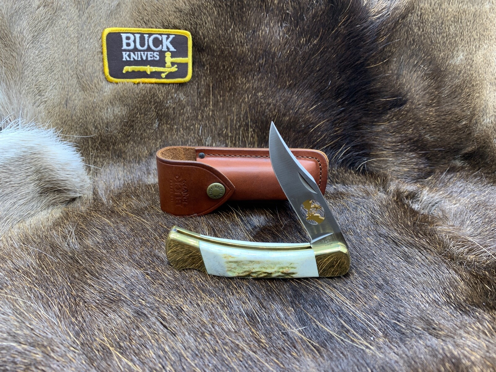 Buck 110 Knife With Elk Handles & 24kt Gold Cut-Out & Leather Sheath ...