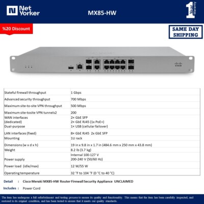 Cisco Meraki MX85-HW Router Firewall Security UNCLAIMED - Same Day ...