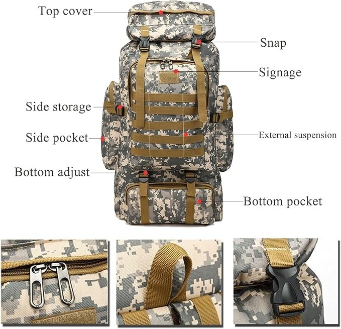 70L Waterproof Hiking Daypack Large Hiking Backpack, Hunting Camping ...