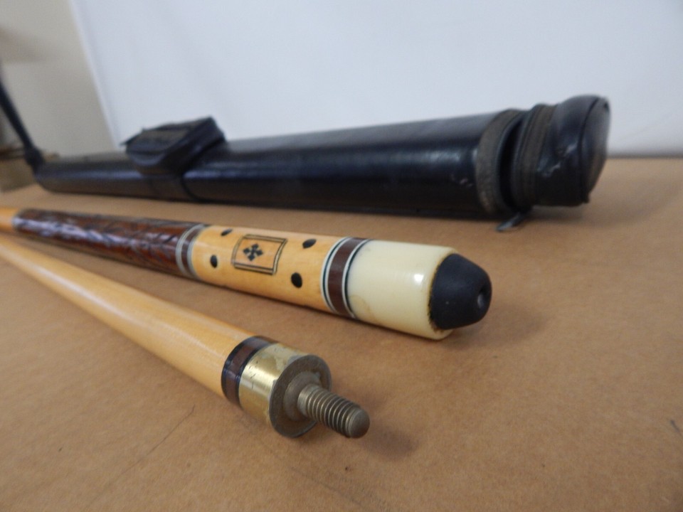 Vintage Pool Cue Stick Carved 57.5" Long w/ Leather Case Billiards 2 ...