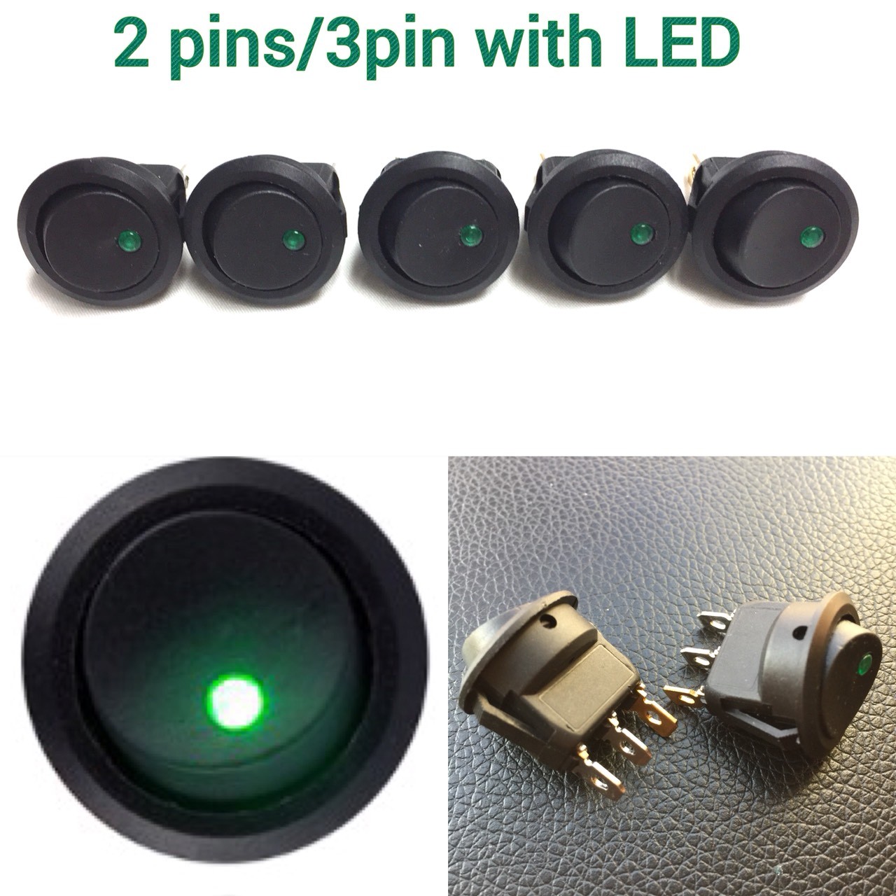 5x Green LED Dot Light 12V Car Auto Boat Round Rocker ON/OFF SPST ...