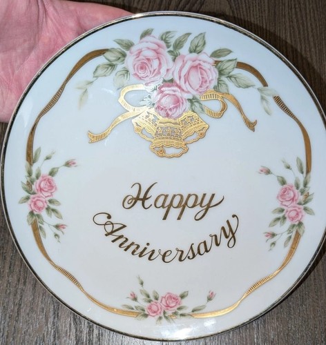 Lefton China 07021 Happy Anniversary Plate w/Rose & Bell Pattern, Gold ...