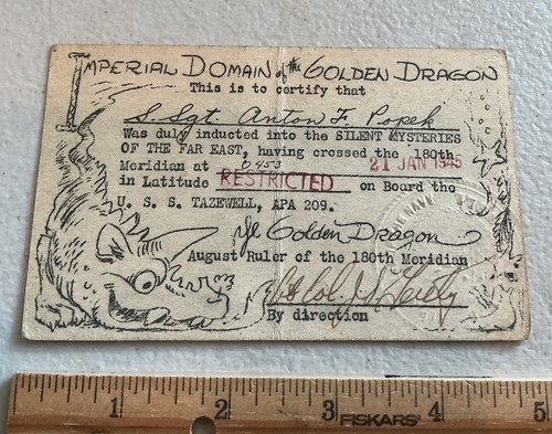 WW2 U.S. Navy 1945 Certificate Of Having Crossed The 180th Far East ...