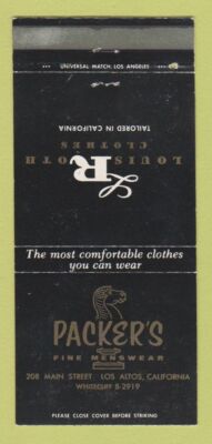 Matchbook Cover - Louis Roth Clothes Packer's Los Altos CA WEAR 30 ...