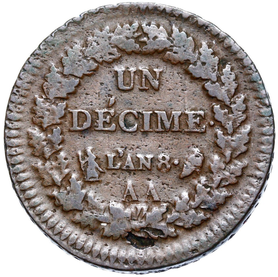 France - First Republic - Coin 10 Centimes 1799 - Un Décime L'AN 8 AA ...