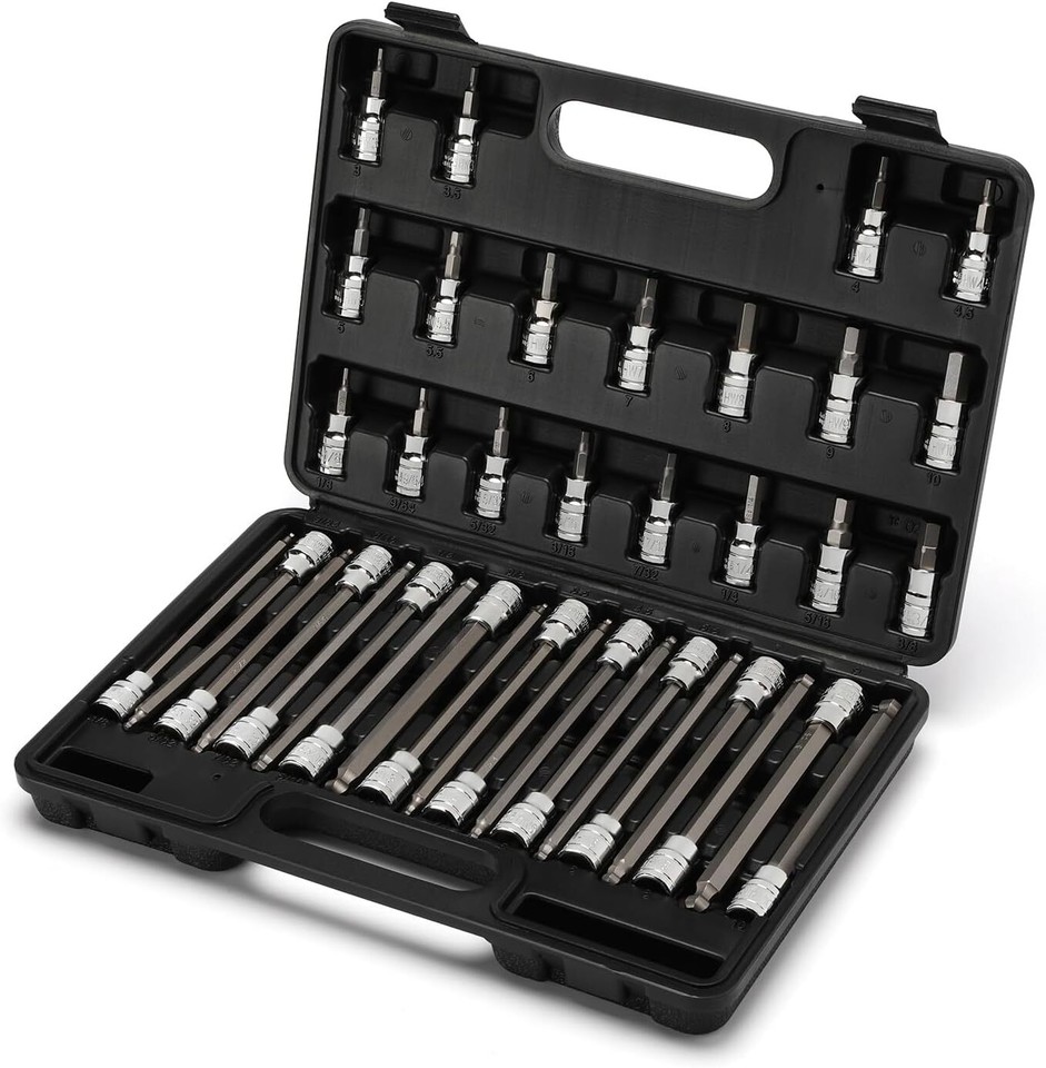 38PCS 3/8" Drive Hex Bit Socket Set CR-V S2 Steel SAE/Metric Extra Long ...