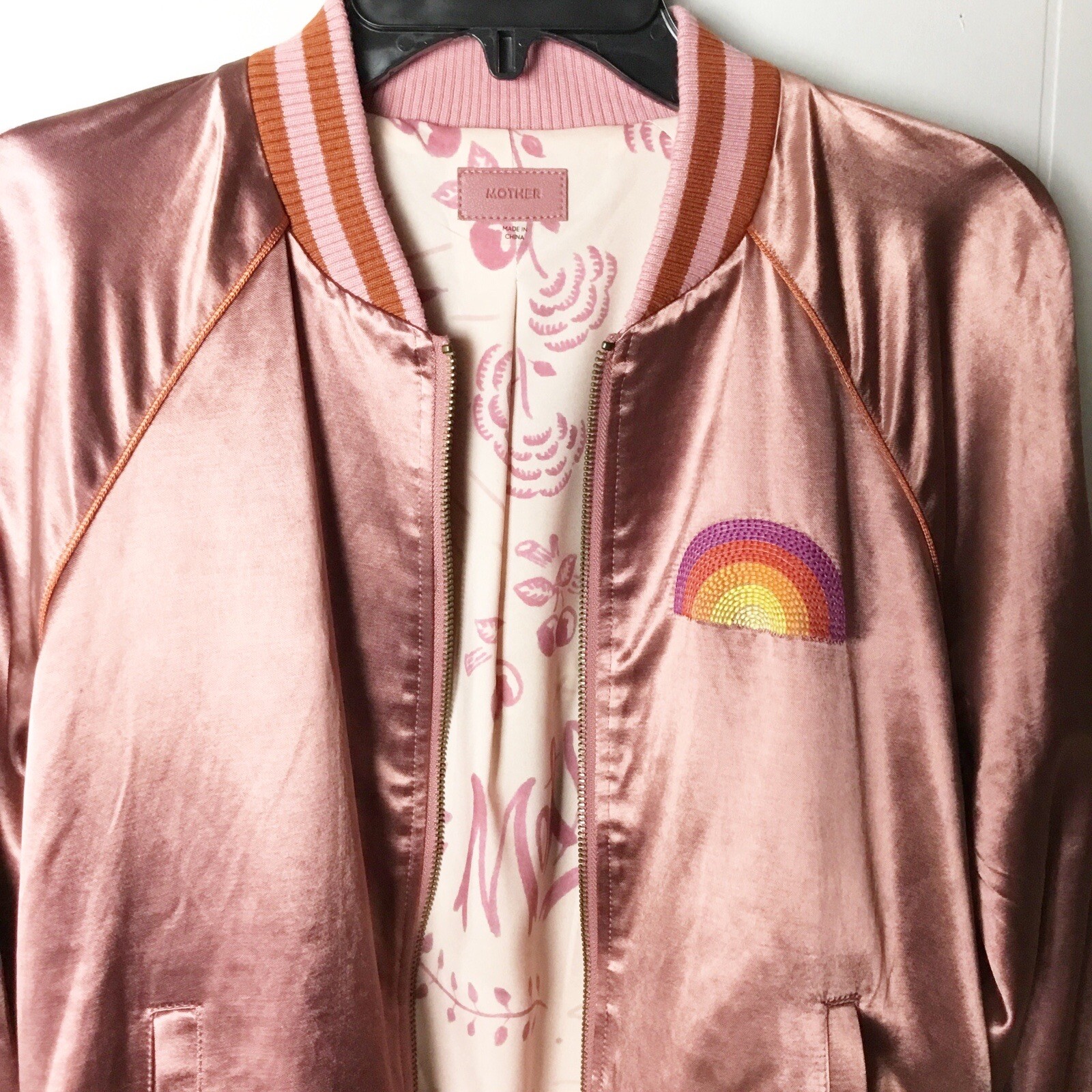 Mother Satin Letterman Bomber Jacket Embroidered Rain… - Gem